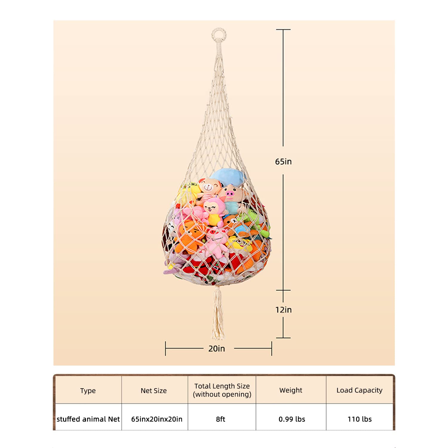 Extra Large Stuffed Animal Storage Net or Hammock, Single Hook Display Large Plush Toy! Ceiling Hanging Stuff Animal Hanger with Swag Hook, Corner Toy Storage Organizer for Kids Bedroom Playroom (Cream)