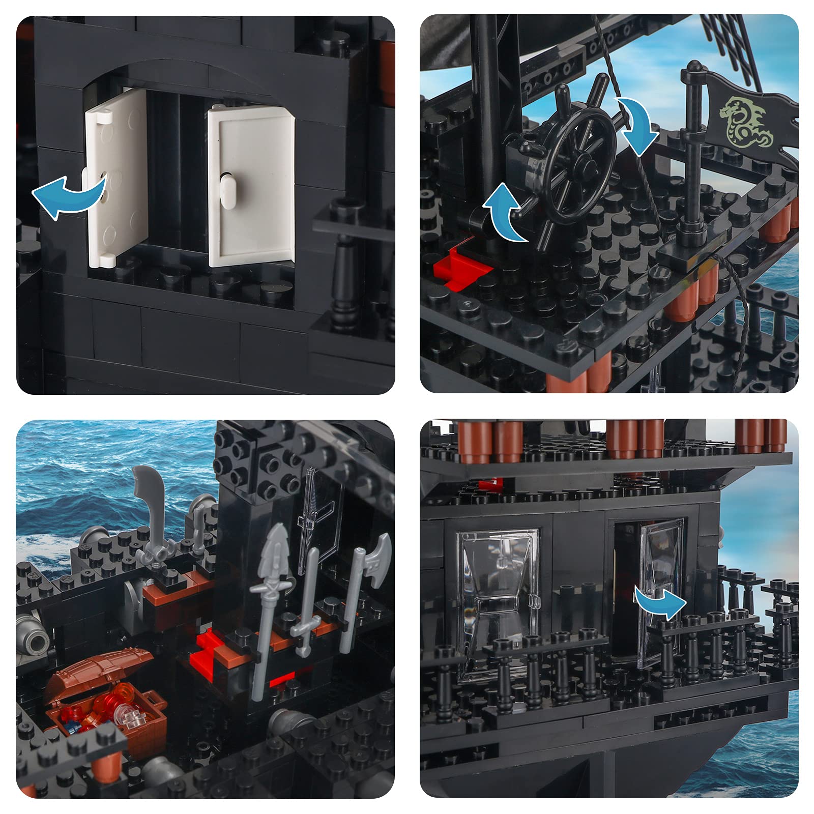 BRICK STORY 809-Piece Black Pirate Ship Building Set with Mini Figures for Kids Age 8+