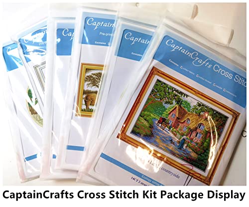 CaptainCrafts Cross Stitch Kits Full Range Stamped and Counted Fabric DIY Art Needlecrafts Embroidery Kit for Adults Beginner (Unpreprint 14CT, Tree House Autumn)