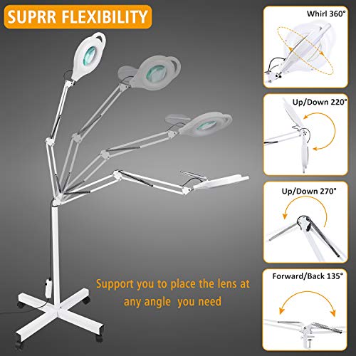 8X Dimmable Magnifying Floor Lamp with 4 Wheel Rolling Base for Estheticians - 2,200 Lumens LED Light with Glass, Lighted Magnifier with Swing Arm for Reading, Craft, Sewing, Hobbies White