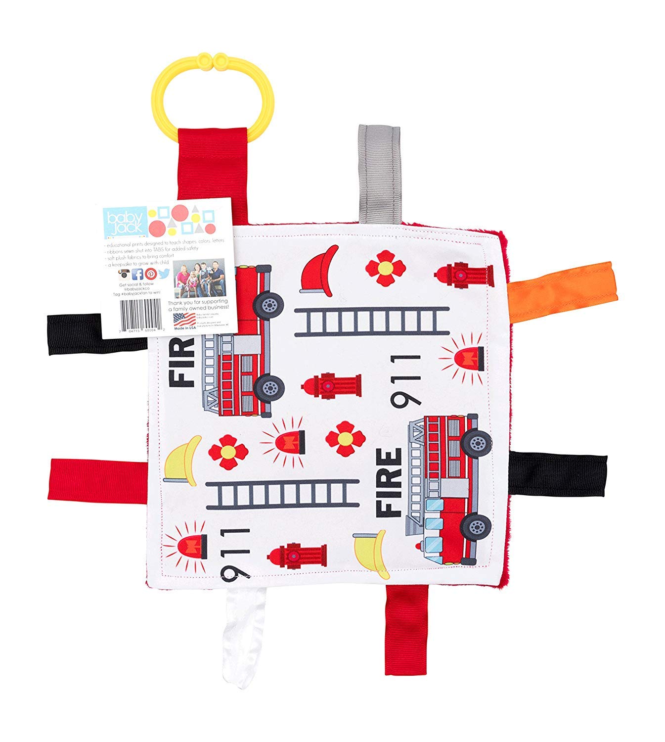 Baby Sensory Crinkle & Teething Square Lovey Toy with Closed Ribbon Tags for Increased Stimulation: 8"X8" (Firefighter)