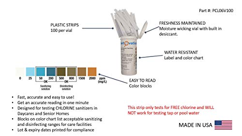 Active Chlorine Bleach Test Strips, 0-2000 ppm [Vial of 100 Plastic Strips] Designed for Daycares and Senior Homes for Sanitizing and Disinfecting