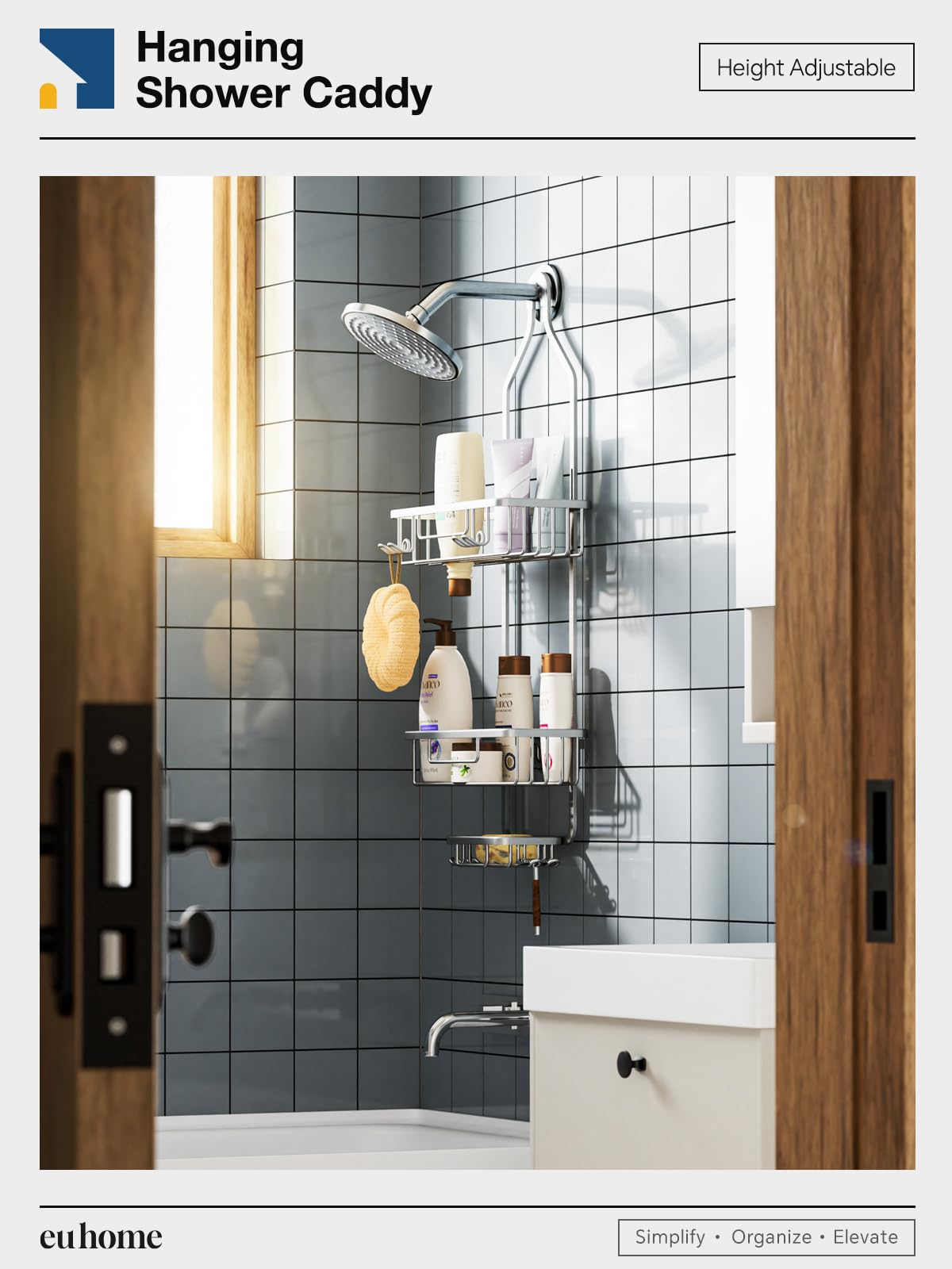 Adjustable Shower Caddy Hanging, EUHOME Never Rust Shower Organizer, Aluminum 3-Tier Large Capacity Shower Caddy Over Showerhead with Hooks, Soap/Razor Holder