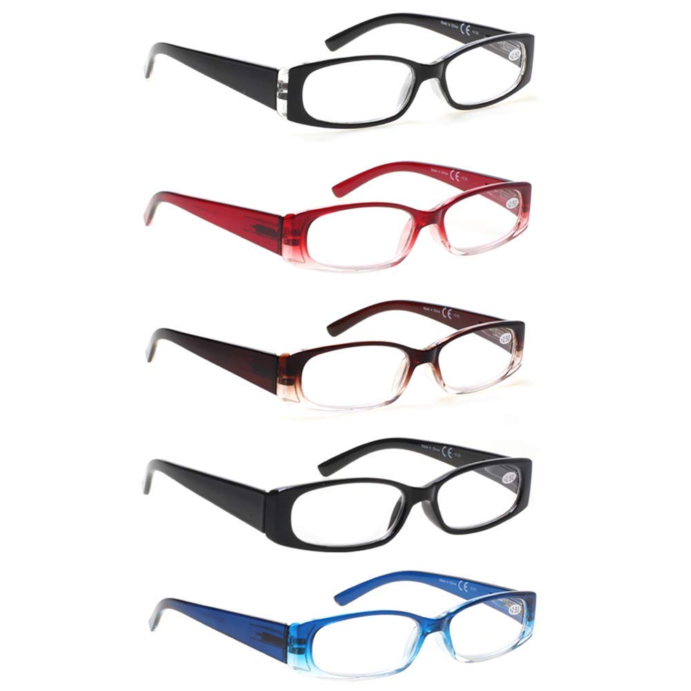 5 Pack Spring Hinge Reading Glasses Rectangular Fashion Quality Readers for Men and Women (5 Pack Mix, 2.5)
