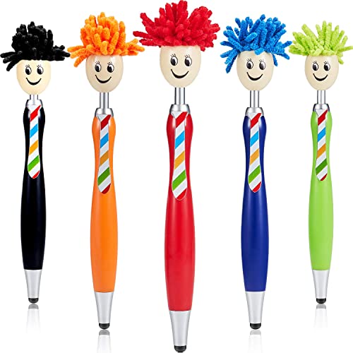 Askfairy 5PCS Mop Head Pens Set,Screen Cleaner Stylus Pens Funny Ballpoint Pens,Lady Boss Desk Office Supplies, 5 Colors