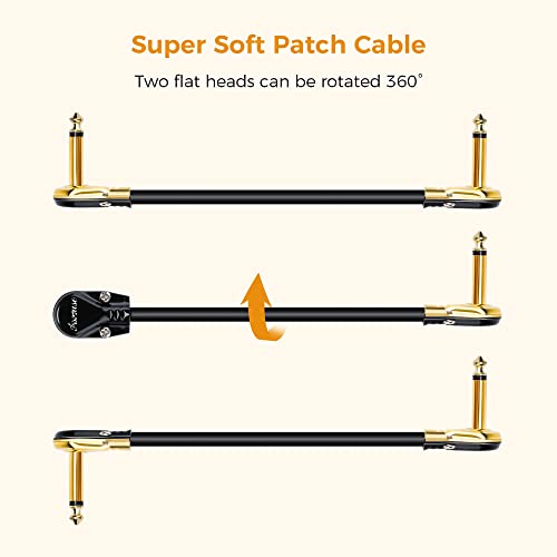 6 Pack Guitar Patch Cables, 6 Inch Guitar Effect Pedal Cable, 1/4'' TS Right Angle, Low Profile Flat Pancake Design, Maximize Pedalboard Space