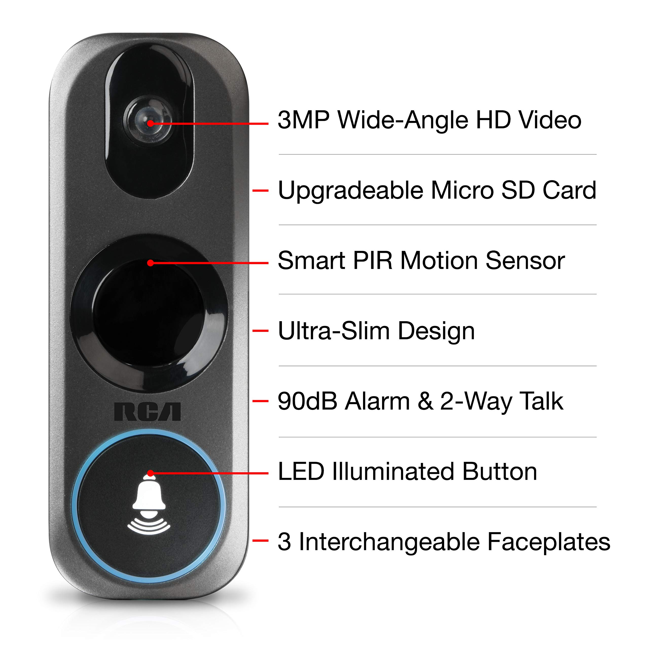 Doorbell Video Ring Security Camera by RCA New and Improved - with Mobile Doorbell Ring, 3MP HD Video, Live Stream, No Recording Storage Fees, Night Vision and Motion Detection