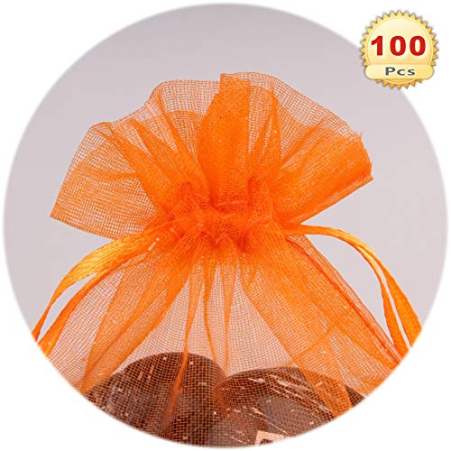 PMLAND 100 Pieces Orange Organza Drawstring Pouches for Candy Jewelry Party Wedding Favor Gift and Present Bags 4 x 6 Inch