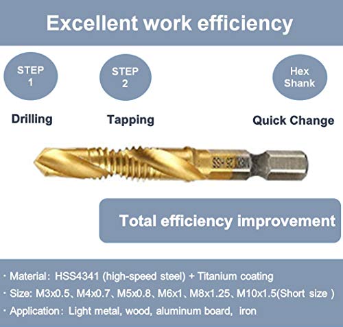 aiyun 6 Pack Titanium Combination Drill Tap Bits Set M3-M10 Metric Drill and Tap Set