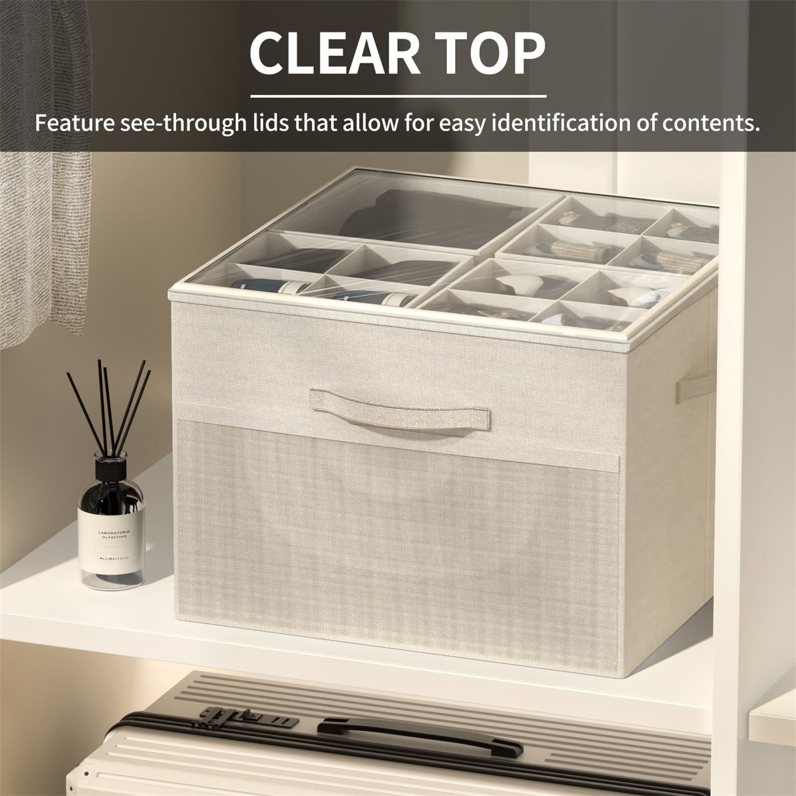 Aokeyee Shoe Organizer for Closet,2 Pack Foldable Shoe Storage Organizer Box Bin w/Adjustable Dividers and Clear Cover, Fits up to 16-32 Pairs, (Beige)