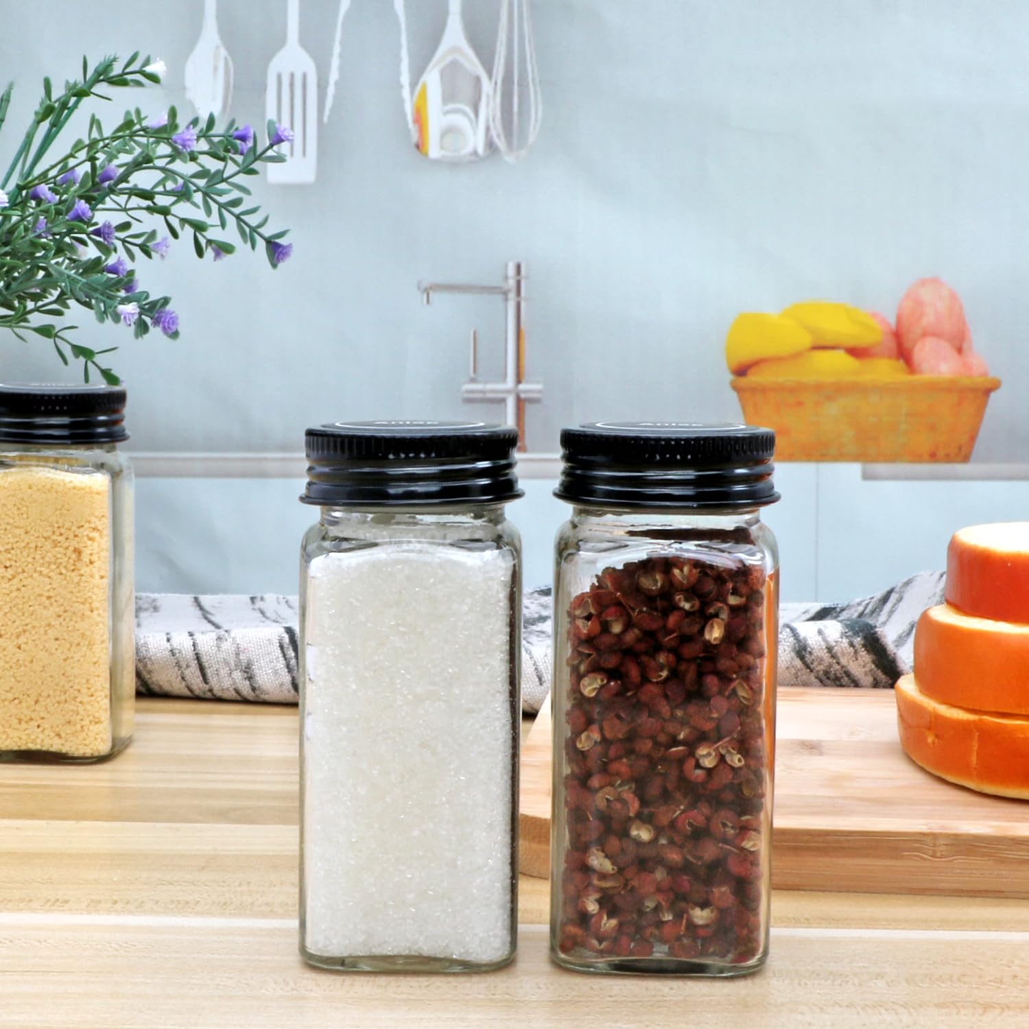 Accguan Spice Jars,4oz Glass Spice Bottles with Black Lids,Spice Labels and Stylus and Funnel, Perfect for Kitchen Countertop Storage,Cabinet Storage, Dining Room, and Gifts(52pcs)