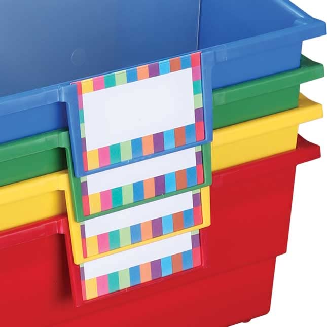 Really Good Stuff Large Plastic Book Organizer Bins, Dividers, Built-in Label Holder, 13.5β by 13.5β by 7.75β (Set of 4, Primary Colors) - For Picture Books, Large Reference Books in Classroom or Home