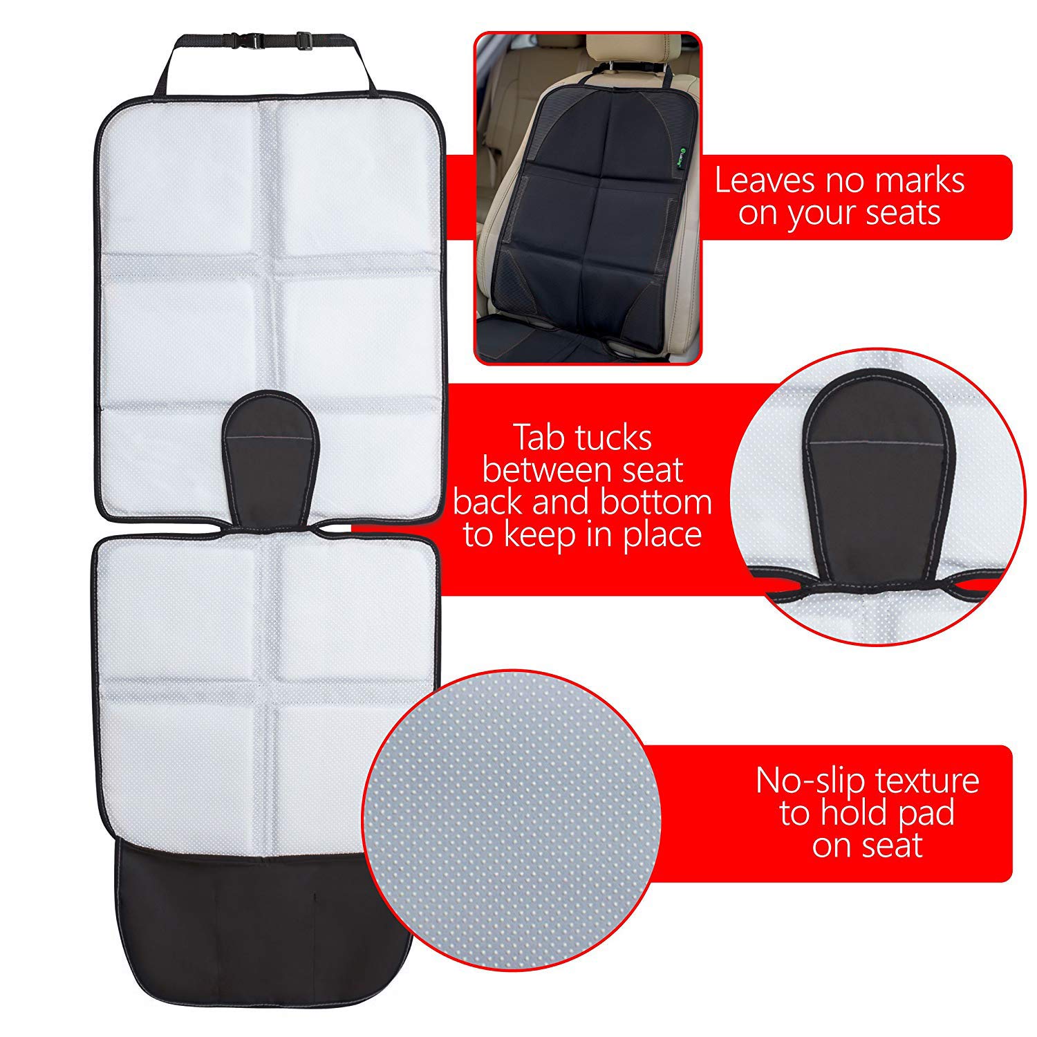 Lukling Car Seat Protector with Thickest and Largest Pad for Leather Seats in Luxury Cars - 2 Mesh Organizer Pockets - Works Great with Children and Pets, (Black with Black Stitching)