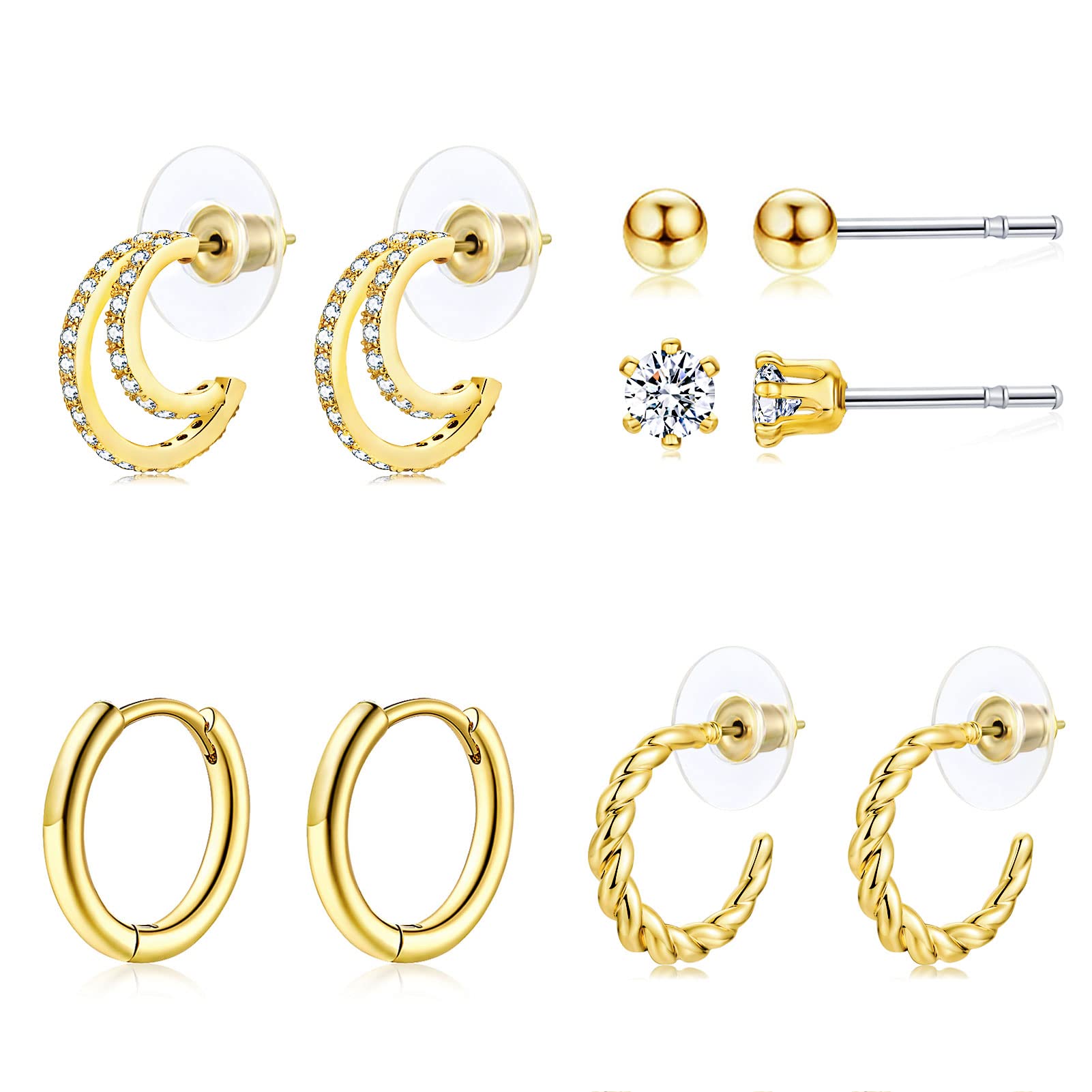 5 Pairs Earring Sets for Multiple Piercing 14k Gold Plated Hoop and Stud Earrings Set Hypoallergenic Small CZ Gold Earrings Sets for Women
