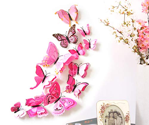 Butterfly Wall Decals 24Pcs 3D Butterflies Stickers Removable Mural Decor for Kids Room Bedroom Decor Living Room Decor (Pink)