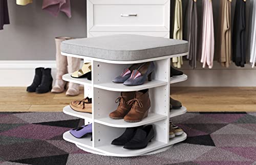 ClosetMaid Shoe Storage Bench Ottoman, Rotating with Gray Cushion, Adjustable, White Finish