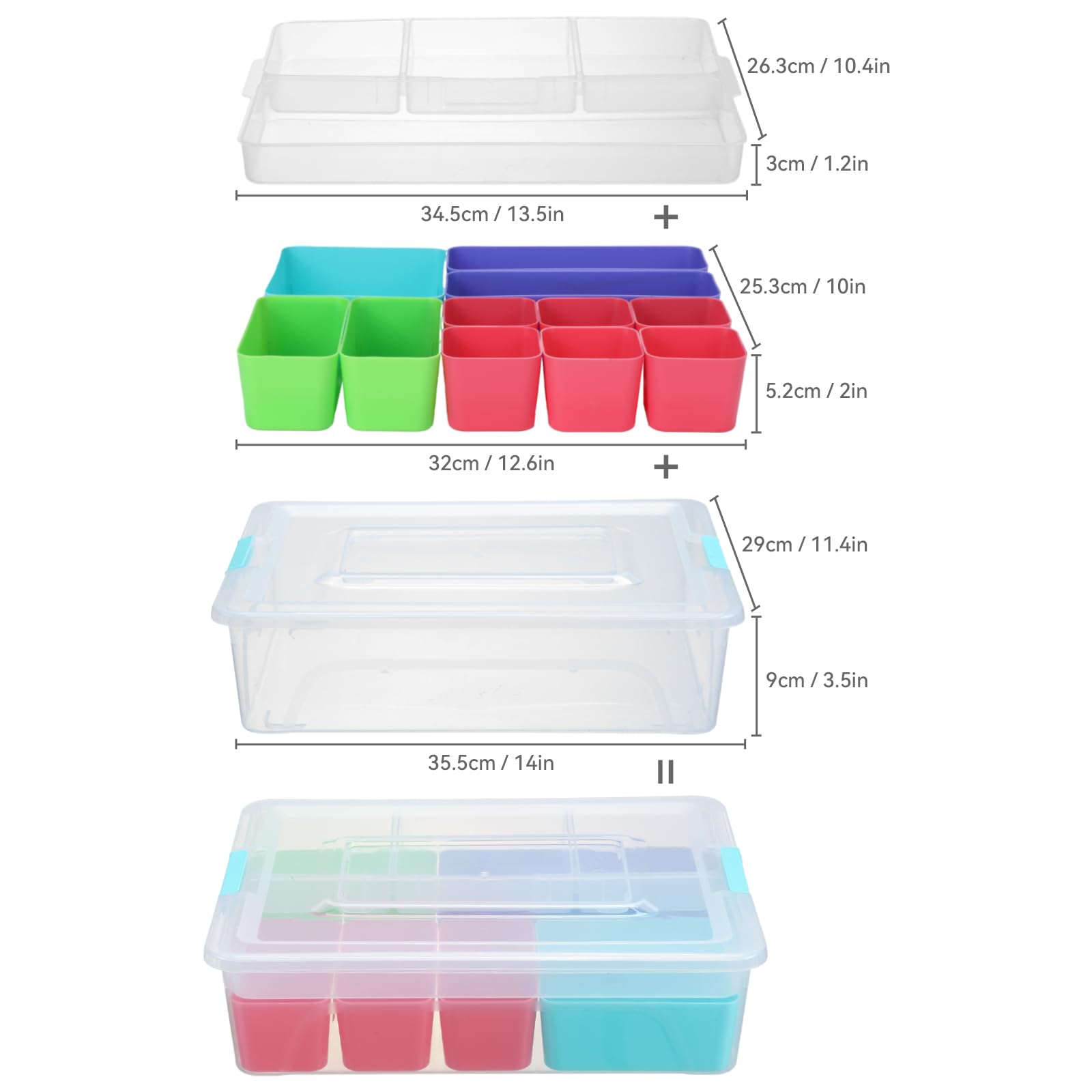 novelinks Clear Plastic Dividing Storage Box with Compartments Removable Storage Bin with Lid - Plastic Craft Storage Organizer Storage Compartment Container (2 Pack-4 QT + 1 Pack-10 QT)