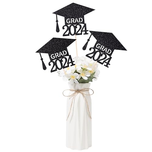 Gexolenu 10 Pack Black Graduation Centerpieces for Tables, 2024 Graduation Glitter Double-Sided Cap Table Decorations Party Centerpiece Sticks Table Topper Party Favors Supplies