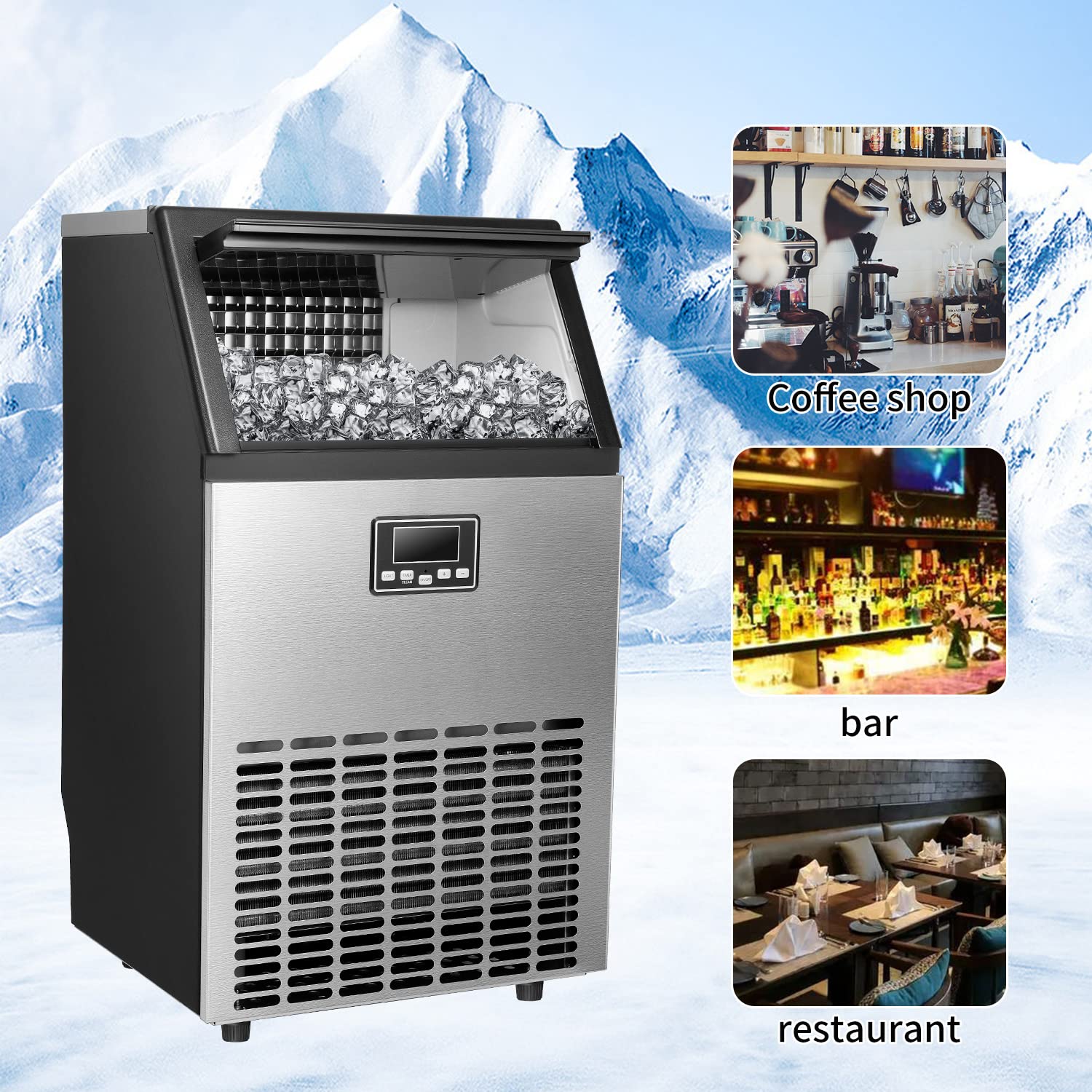 ZAFRO Commercial Ice Maker, 100lbs/24H Ice Machine with 33lbs Ice Bin, Self-Cleaning Under Counter Stainless Steel Freestanding Ice Maker for Restaurant/Bar/Cafe/Office Silver, Includes Scoop