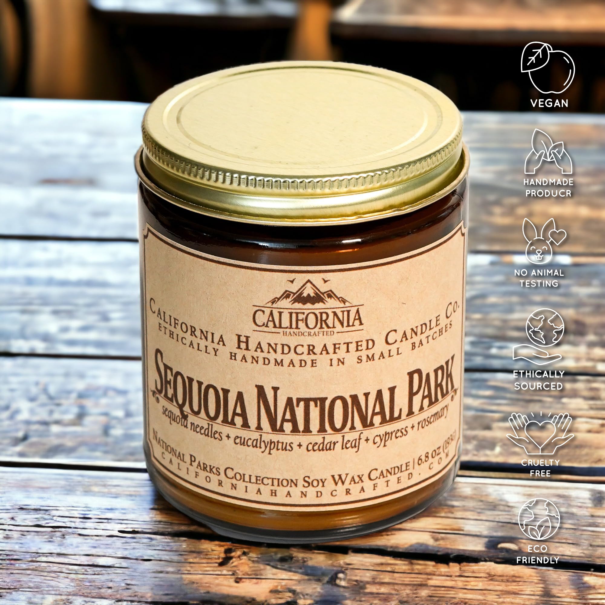 California Handcrafted Sequoia National Park Amber Jar Soy Wax Candle - Sequoia Needles, Eucalyptus, Cedar Leaf, Cypress, Rosemary, 9 oz, America's National Parks Collection