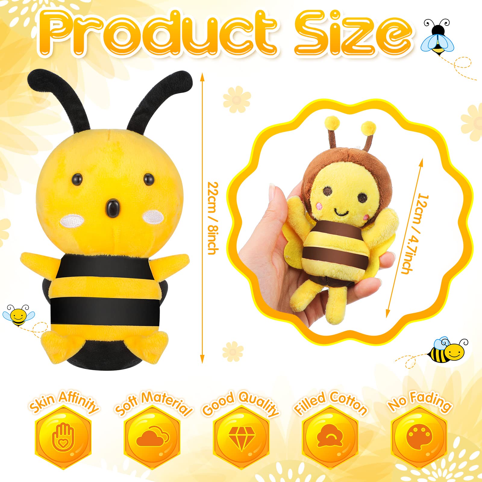 Jerify 6 Pieces Bee Plush Toy Bee Stuffed Animal, Yellow Bees Plushie Cuddly Large Soft Bee Pillow for Christmas Thanksgiving Birthday Bee Themed Party Gift, 8 Inches and 4.7 Inches