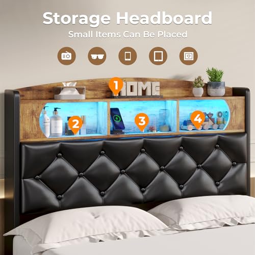 ADORNEVE Lift Up Storage Bed Frame Twin Size with LED Lights Headboard and Charging Station, Upholstered Storage Headboard, Hydraulic Storage, Solid Wood Slats Support, Noise-Free, PU Black