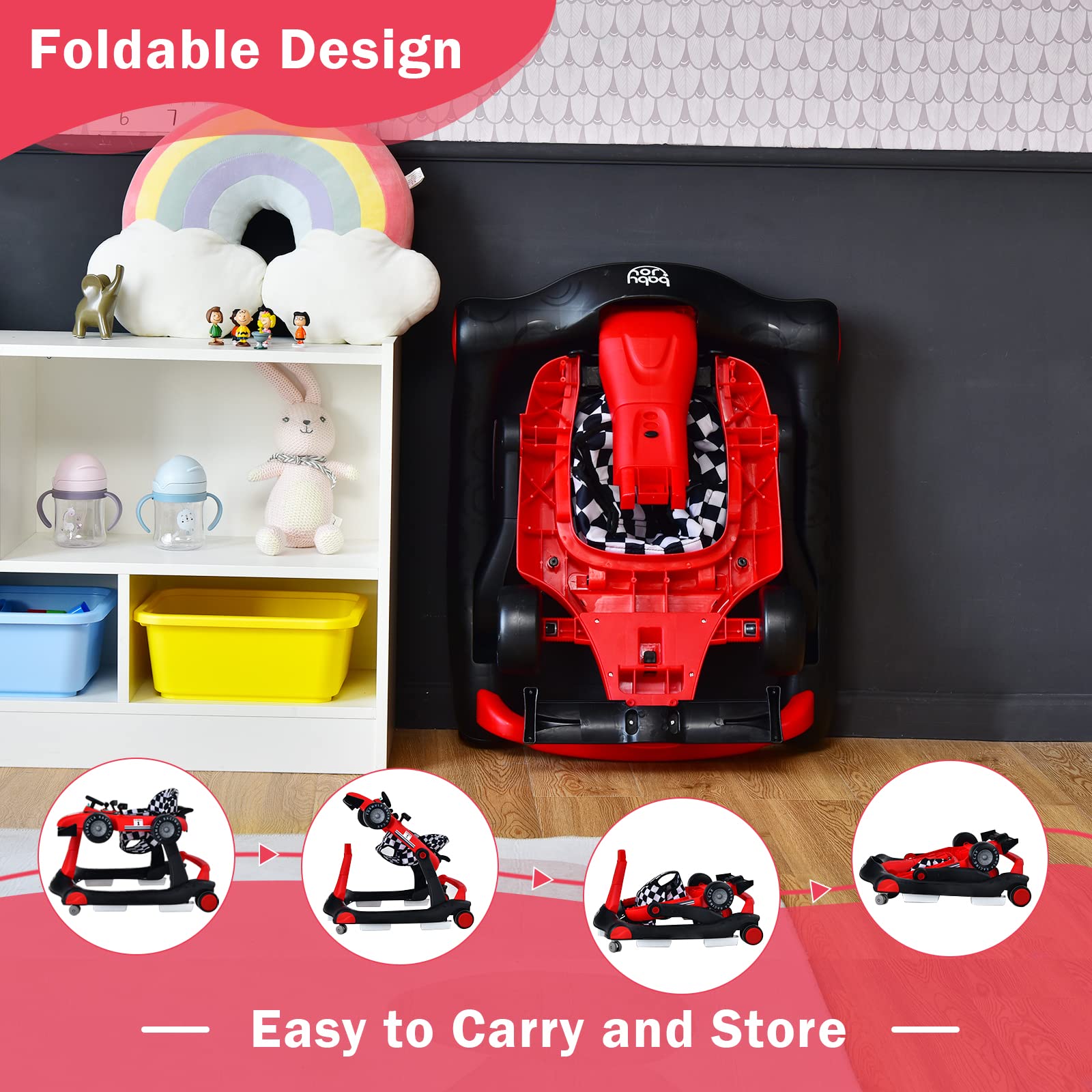 BABY JOY 4-in-1 Baby Walker, Foldable Activity Walker with Adjustable Height & Speed, Music, Lights, Anti-Rollover, Toddler Push Walker, Baby Walker with Wheels for Boys Girls 6-18 Months (Red)