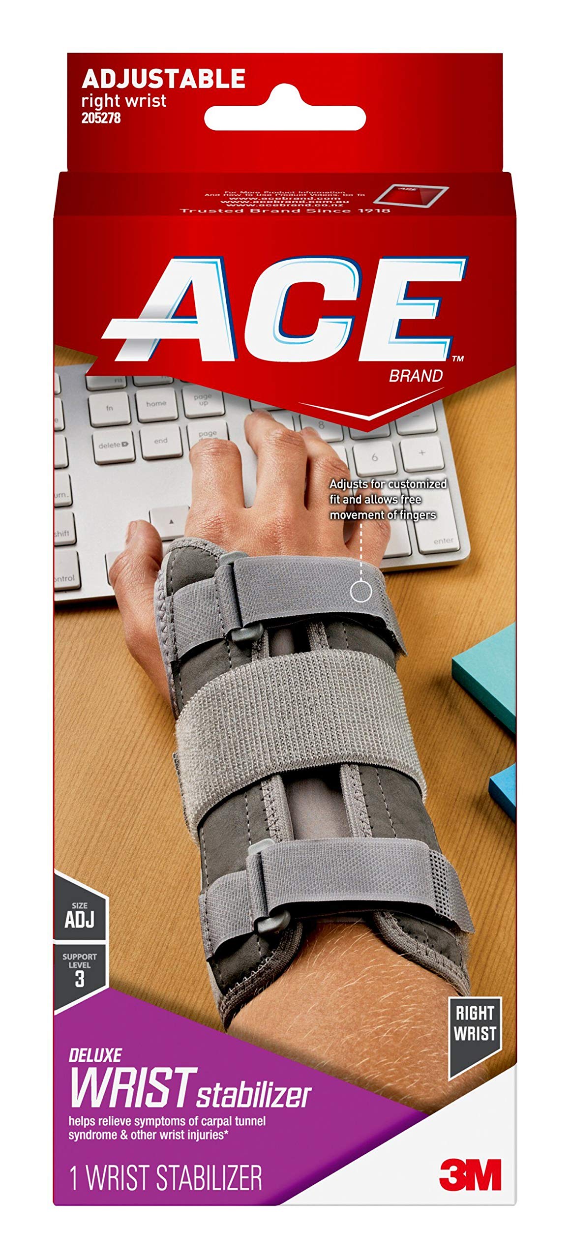 ACE B074P9L1Y2 Brand Carpal Tunnel Wrist Stabilizer with Memory Foam Palm, One Size Fits Most