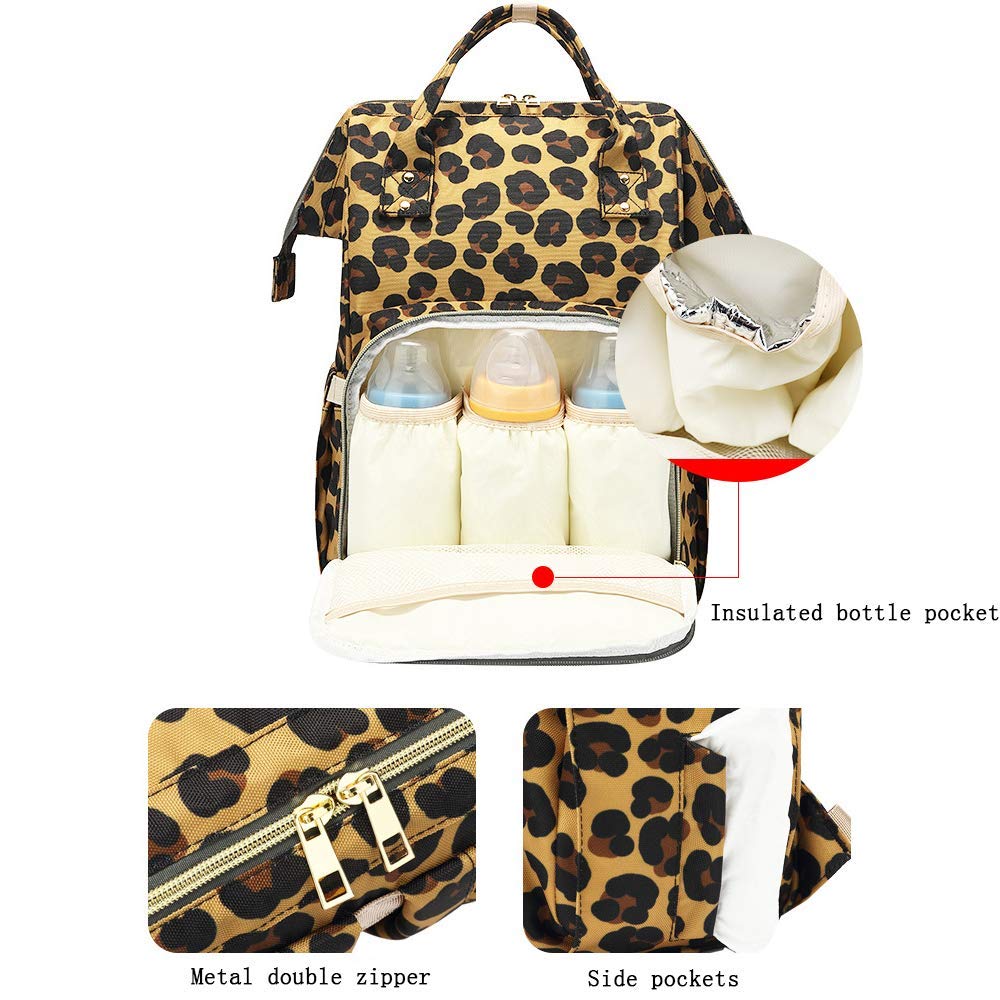Gnirue Leopard Printing Diaper Bag Large Capacity Water Resistant Nursing Backpacks Nappy Bags for Mom (Brown)