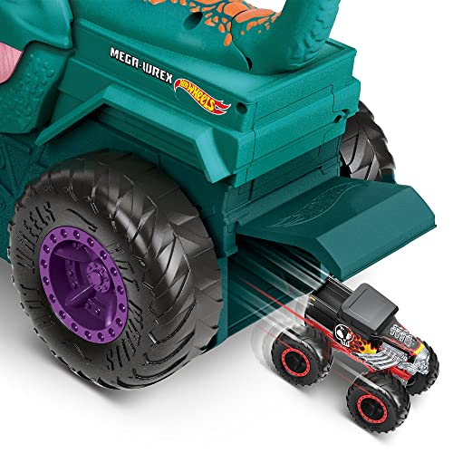 Hot Wheels Monster Trucks Car Chompin' MEGA-Wrex, Large Toy Monster Truck & 1:64 Scale Toy Car, "Eats" & "Poops" 1:64 Scale Vehicles