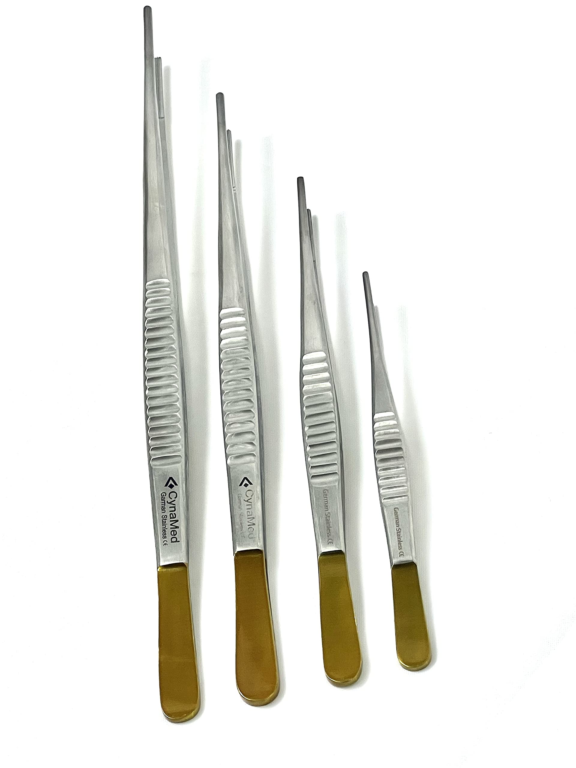 German Set of 4 Each Debakey Forceps Serrated Narrow Tips for Atraumatic Veterinary Microscopy Dissection Comes in Gold Handle 6”+8”+10”+12”