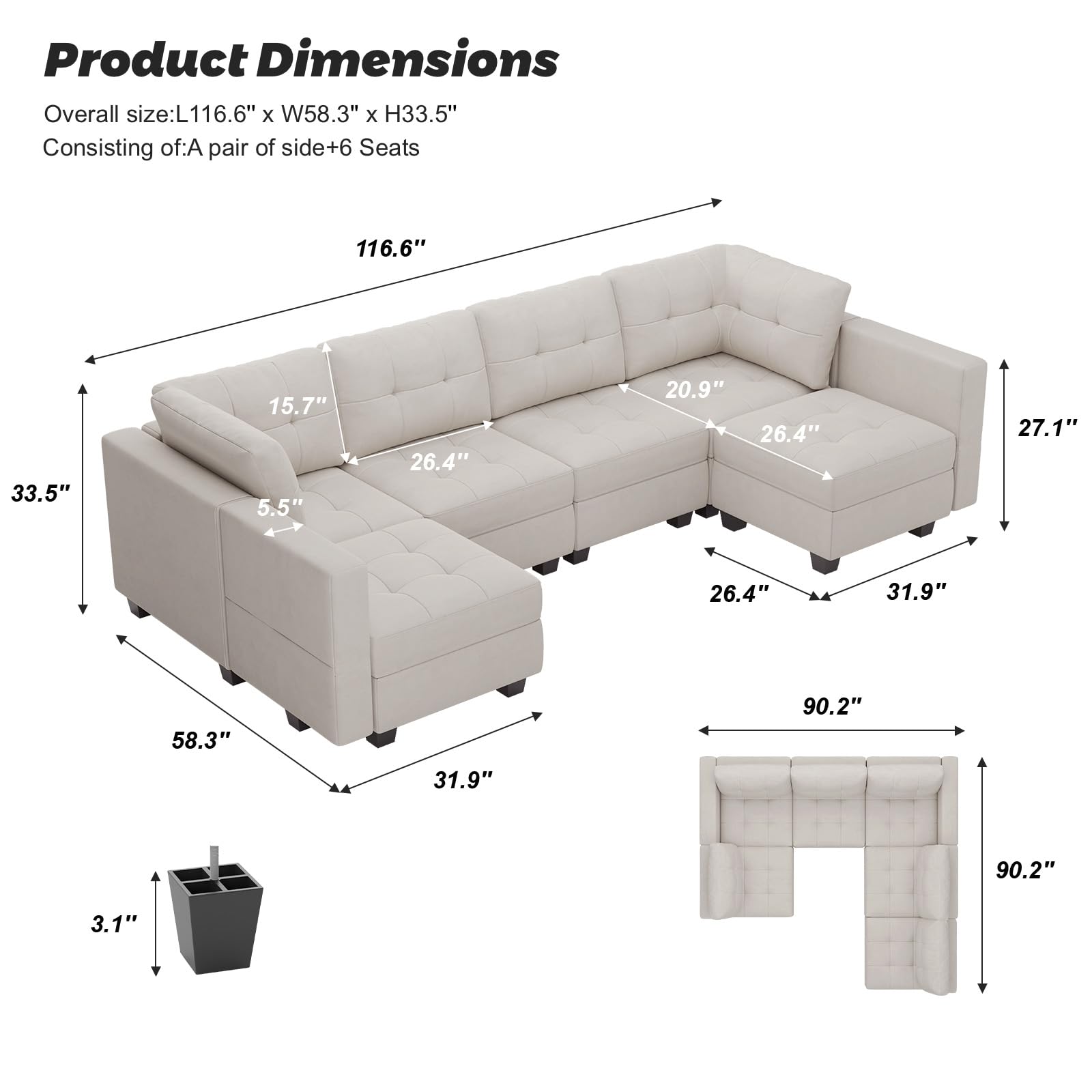 Belffin Modular U Shaped Sectional Sofa Couch, Oversized Sectional Sleeper Sofa with Stoarge Seat, Velvet Modular Sofa Set with Chaise and Ottoman for Living Room, Beige