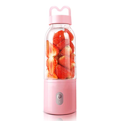 Portable Blender, Personal USB Mini Smoothie Blender, Electric Fruit Juicer Cup with Six Blades, 17oz Detachable Cup and 4000mAh Rechargeable Batteries, Small Travel bottles for shakes and smoothies (pink)