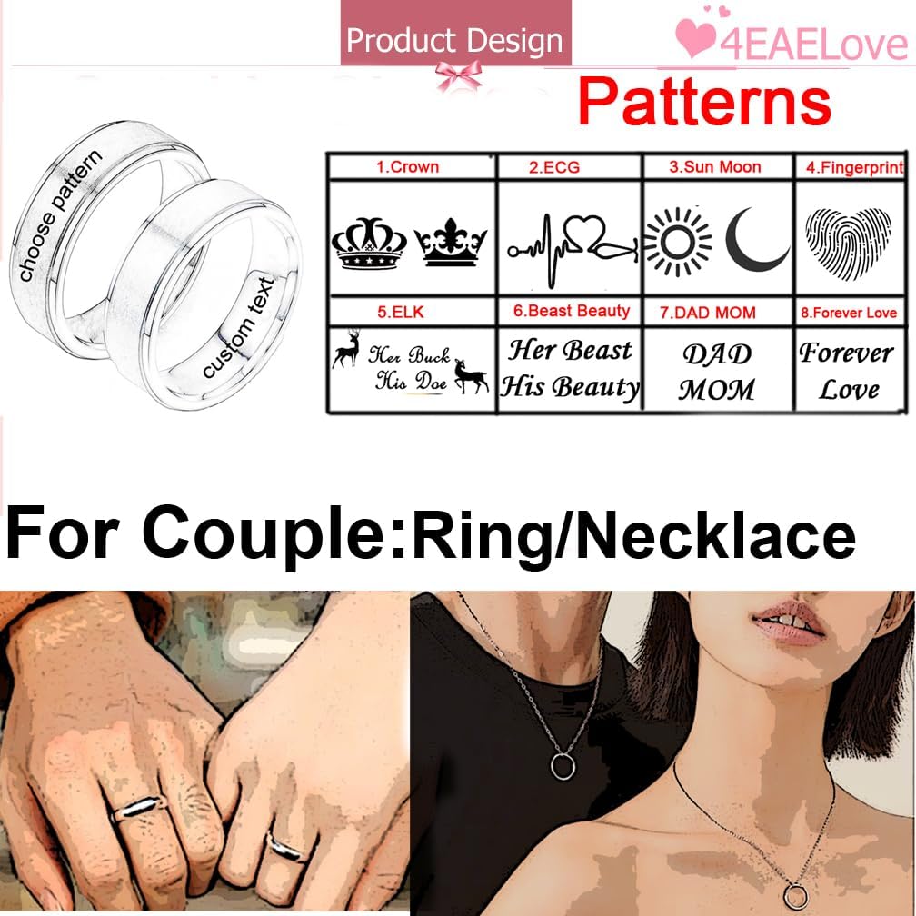 4EAELove ECG Dark Luminous Couple Rings Customize His Her Promise Heartbeat Glowing Rings Wedding Bands Titanium Stainless Steel Silver Golden (Silver-6mm/4mm, Custom)