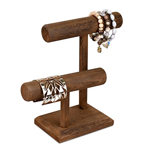 Ikee Design 2 Tier Wooden Jewelry Bracelet Watch Display Tower, Bangle Scrunchie Necklace Holder Storage Stand, 7.9" W x 4.3" D x 9.4" H, Brown Color