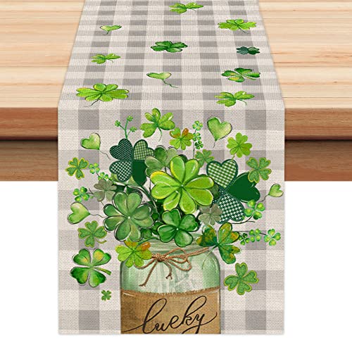 ARKENY St Patricks Day Lucky Green Shamrock Table Runner 72 Inches, Vase Buffalo Plaid Spring Seasonal Holiday Decor for Dining Table Indoor Home Farmhouse Tabletop Decoration AT387