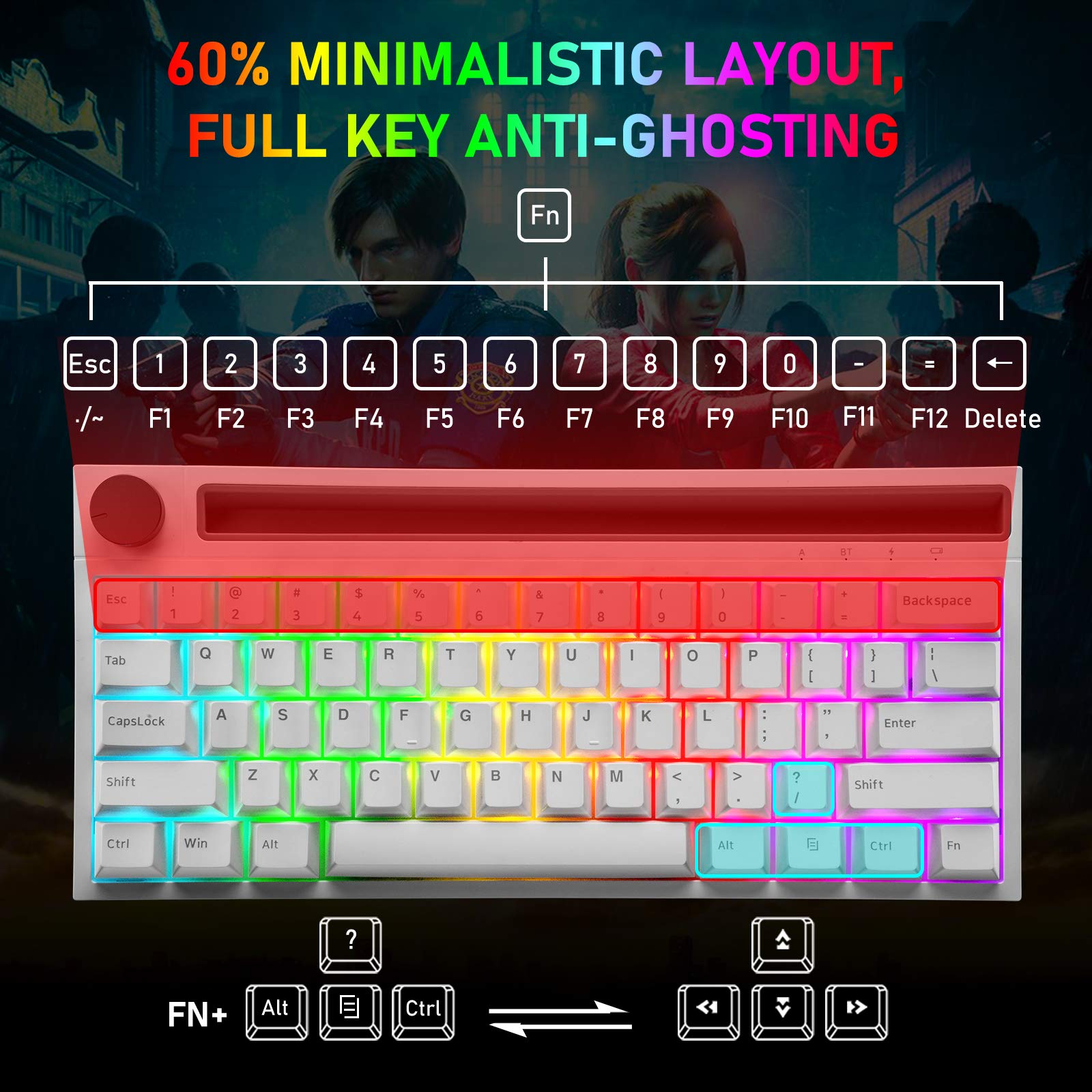 Bluetooth Mechanical Gaming Keyboard with 19 RGB Backlight Mini 61 Key Multimedia Knob Rechargeable 4400mAh Battery Type C Wired/Wireless for PC Mac Mobile Phone Gamer Typist (White/Blue Switch)