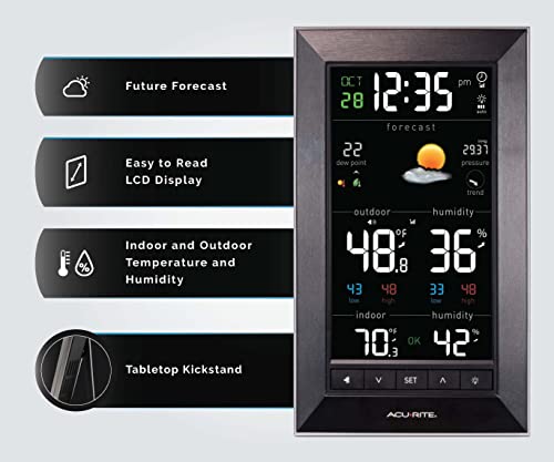 AcuRite Digital Vertical Weather Forecaster with Indoor/Outdoor Temperature, Humidity, and Date and Time (01121M) , BLACK