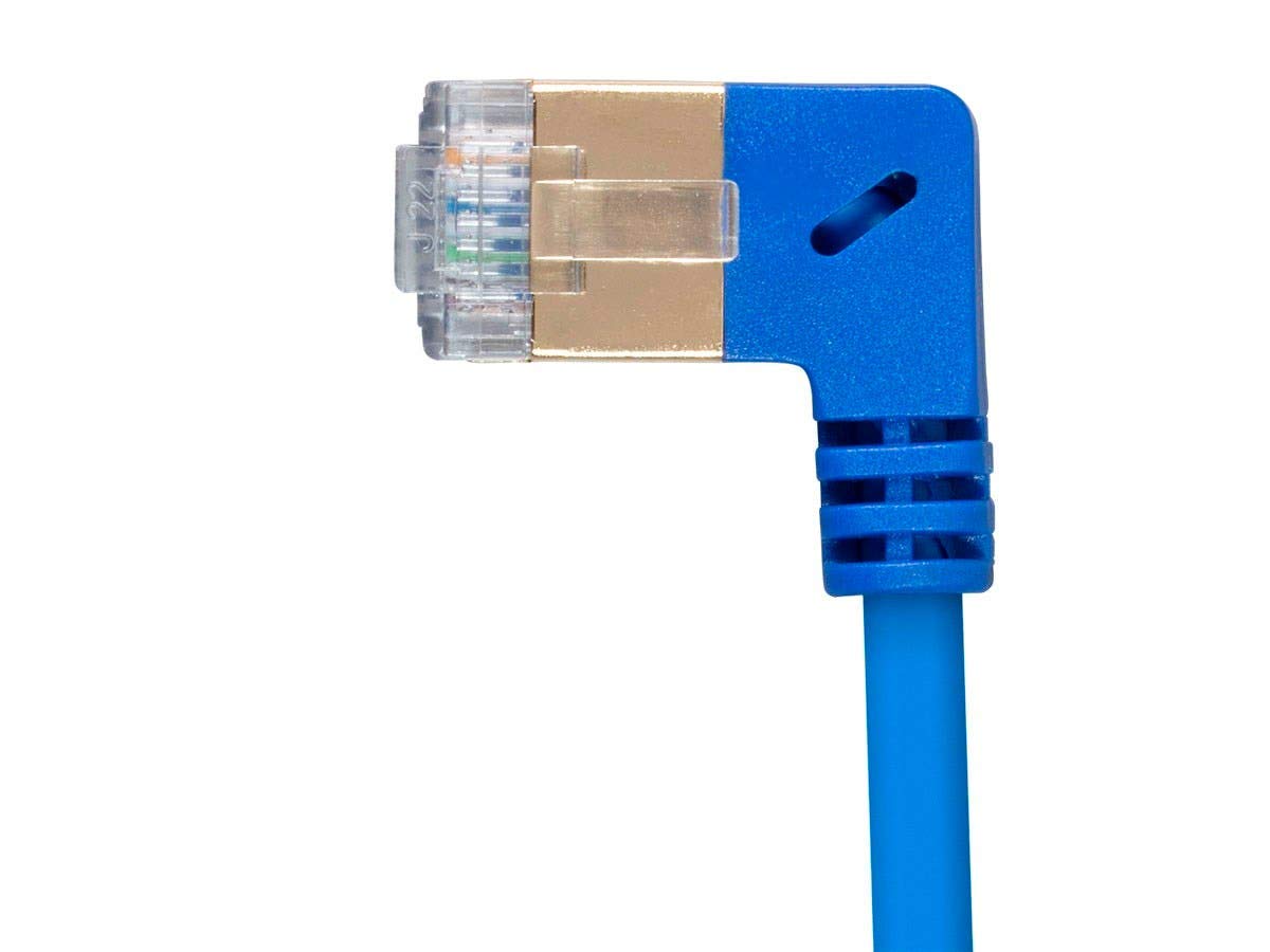 Monoprice Cat6A 3ft Blue 90 Degree Patch Cable Double Shielded (S/FTP) 36AWG 10G CM Pure Bare Copper Snagless RJ45 SlimRun Series Ethernet Cable