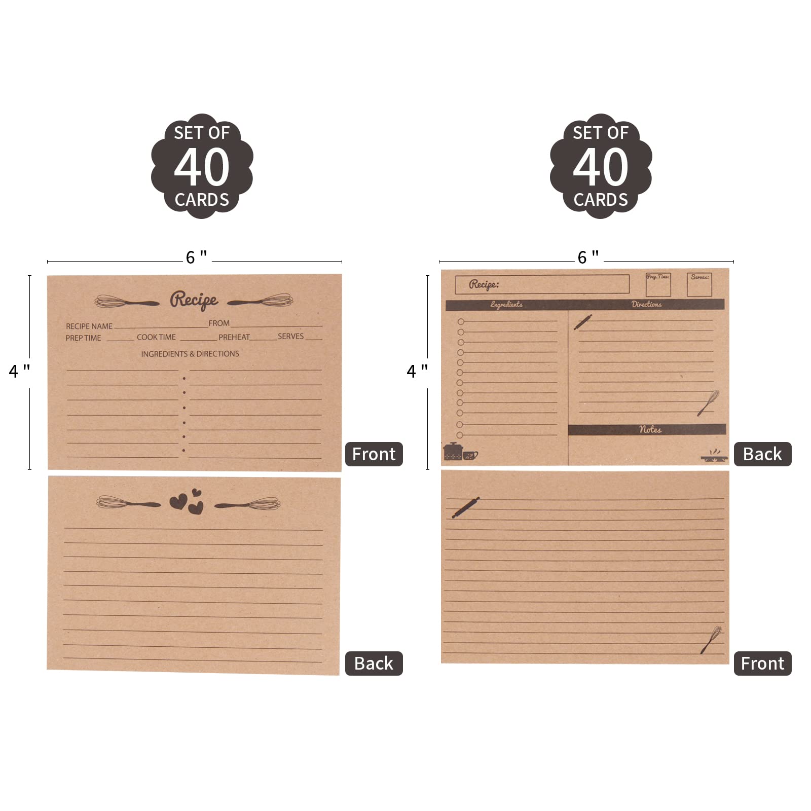 80 Count Recipe Cards 4x6 Inches, Thick Craft Paper Blank Double Sided, Classic Style, for Barbecues, Bridal Showers, or Housewarming Parties (2 Designs 40pcs each)