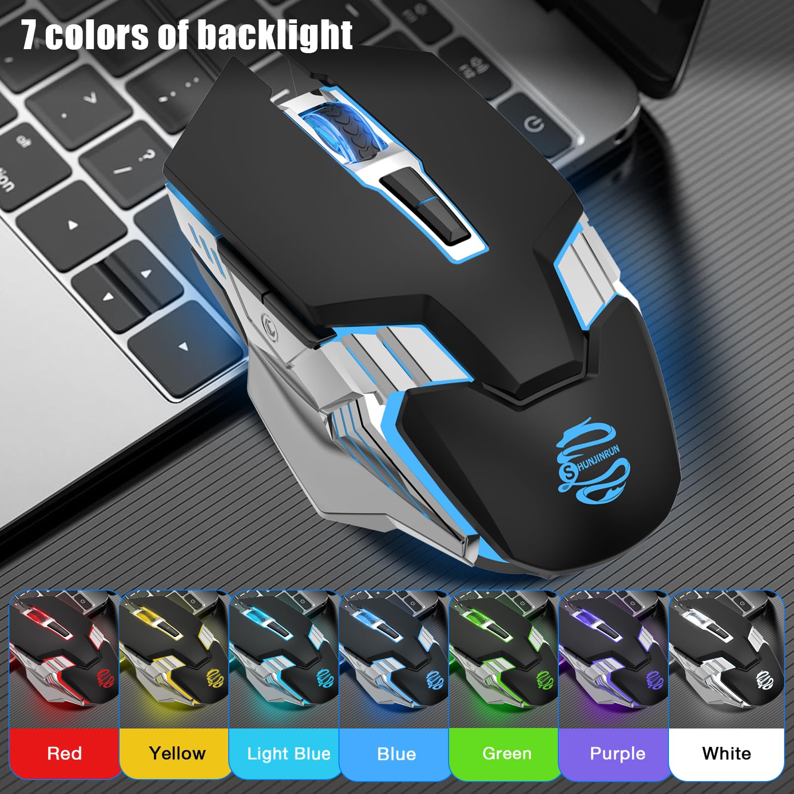 Bluetooth Mouse Rechargeable, Wireless Gaming Mouse Multi Device(BT5.0/3.0+2.4G) with Side Buttons, USB Receiver, RGB Backlit, Cordless Computer Mice for Laptop, Windows PC Mac Tablet(Black-Mute)