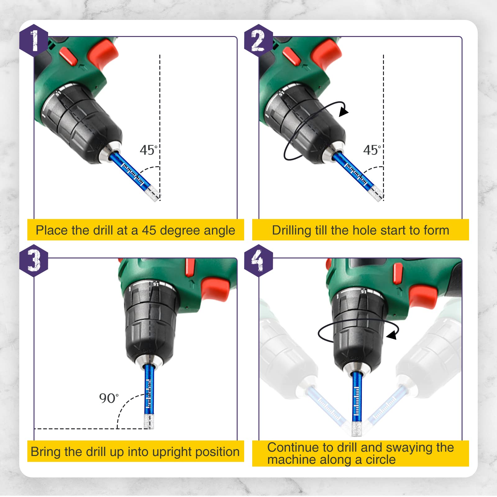 5 Pcs Dry Diamond Drill Bits Set, Glass Ceramic Marble Tile Drill Bits, Not for Wood, 1/4, 5/16, 3/8, 1/2 Inch Round Shank