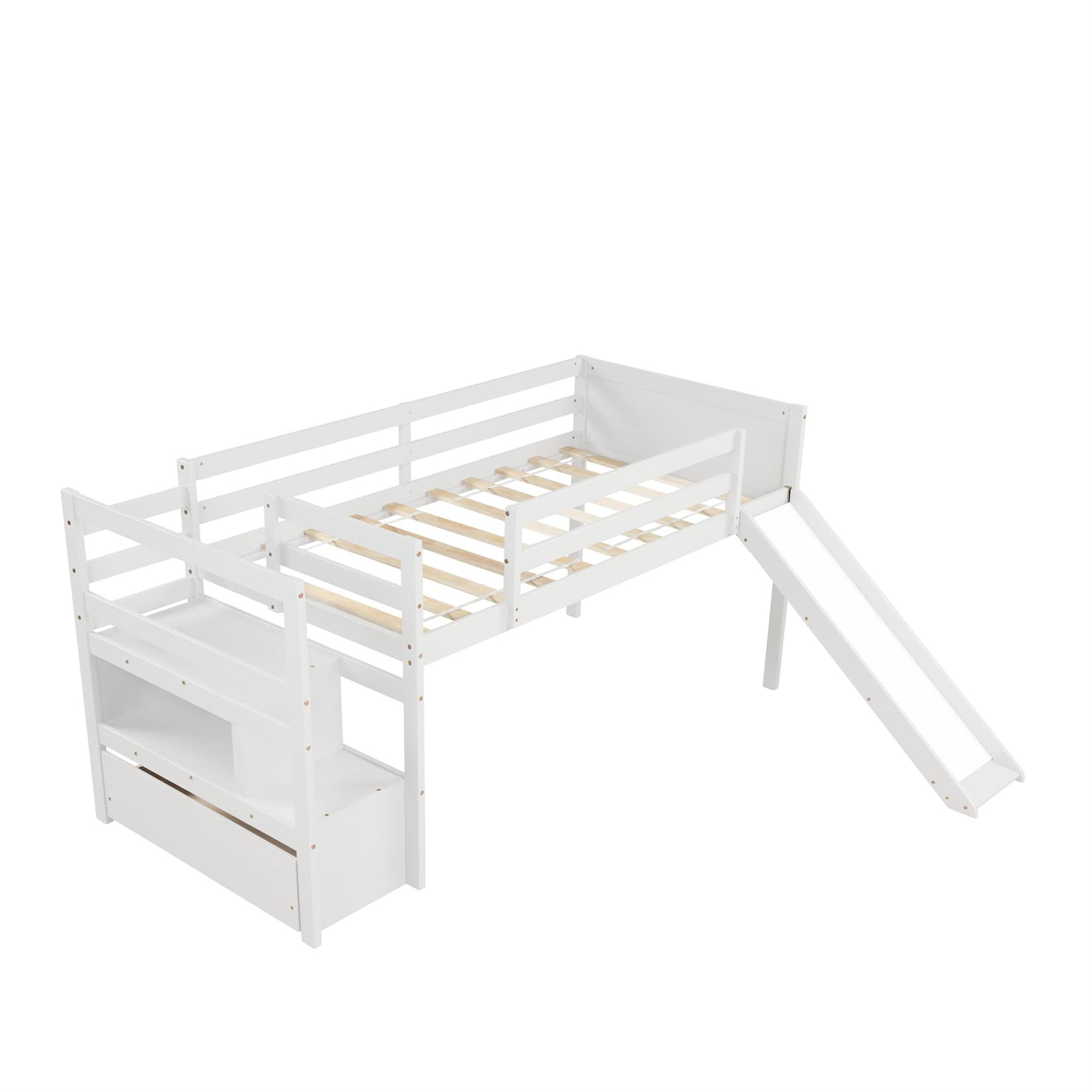 Low Loft Bed with Slide and Stairs Twin Loft Bed with Storage Wood Bed Frame for Kids Teens Girls Boys, White