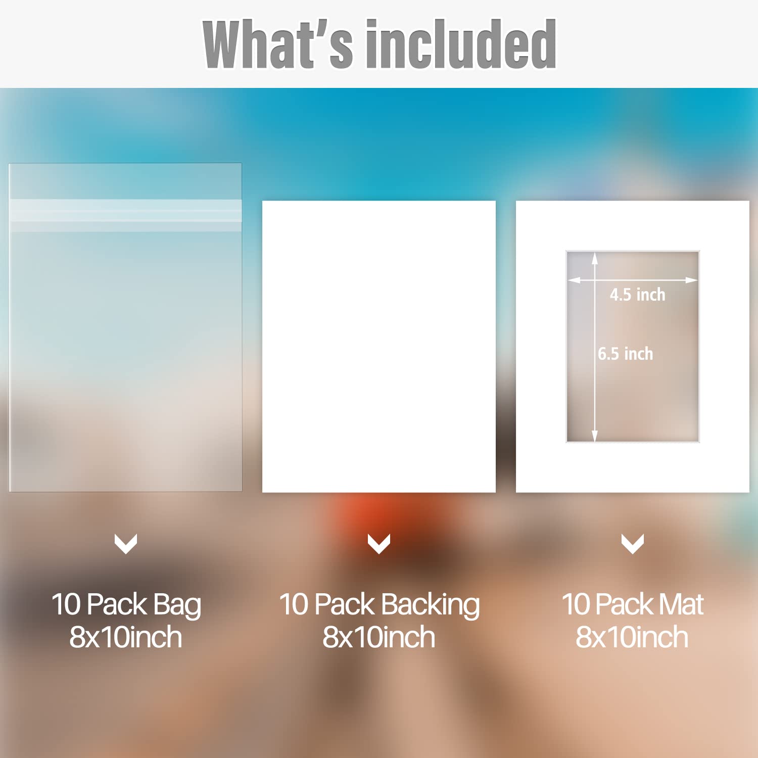 Golden State Art, Pack of 10 White Pre-Cut 8x10 Picture Mat Bevel Cut 4.5x6.5 Opening for 5x7 Photo with White Core Matte Sets Includes 10 High Premier Acid Free Mats & 10 Backing Board & 10 Clear Bag
