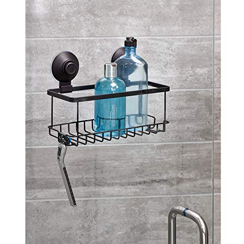 iDesign Everett Metal Push Lock Suction Shower Caddy, Extra Space for Shampoo, Conditioner, and Soap with Hooks for Razors, Towels, Loofahs, and More, 9.1" x 4.53" x 3.63", Matte Black