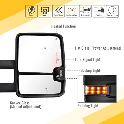 Towing Mirrors Compatible with 2014 2015 2016 2017 2018 Chevy Silverado GMC Sierra 1500 2500 HD 3500 HD with Power Glass LED Arrow Turn Signal Backup Lamp Running Light Heated Extendable Pair Set