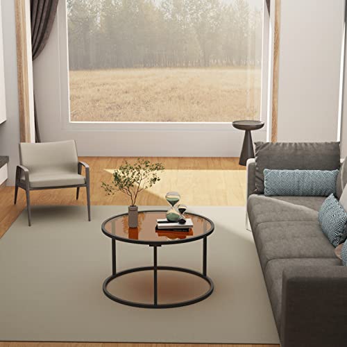 SAYGOER Glass Coffee Table Round Modern Coffee Tables Small Mid Century Coffee Table for Living Room Home Office Simple Retro Table Top with Metal Frames, Easy Assembly, Brown Black
