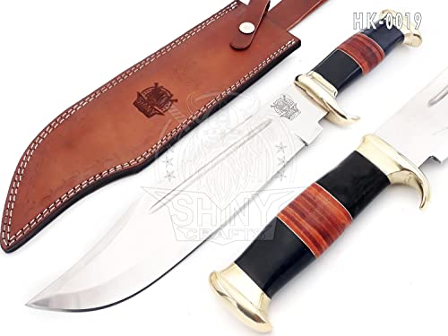 SHINY CRAFTS | Handmade Forged Crocodile Dundee, Fixed Blade, Full Tang Bowie, Hunting, Camping Knife,Knife with Leather Sheath