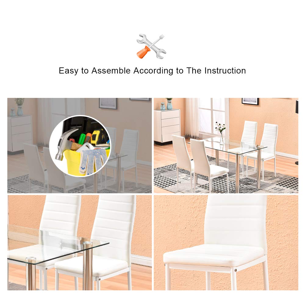 4HOMART 5 PCS Kitchen Table Set Modern Tempered Glass Top Table and PU Leather Chairs with 4 Chairs Dining Room Furniture White