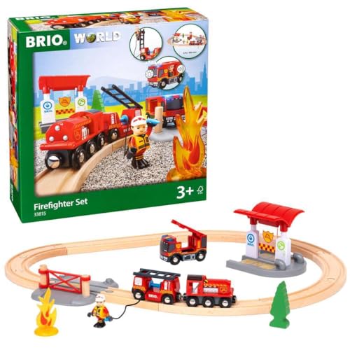 BRIO 33815 Rescue Firefighter Set | 18 Piece Train Toy Set with Fire Truck and Accessories | Kid-Friendly Wooden Tracks | Ideal for Toddlers Aged 3 and Up
